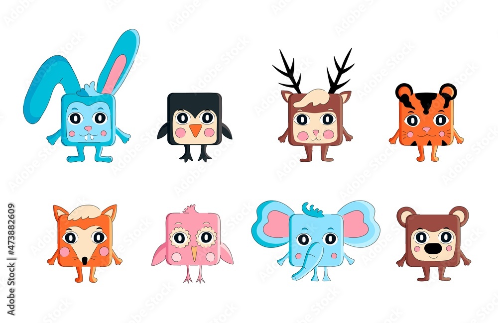 Cute square shaped wild animals collection. Vector set of characters ...