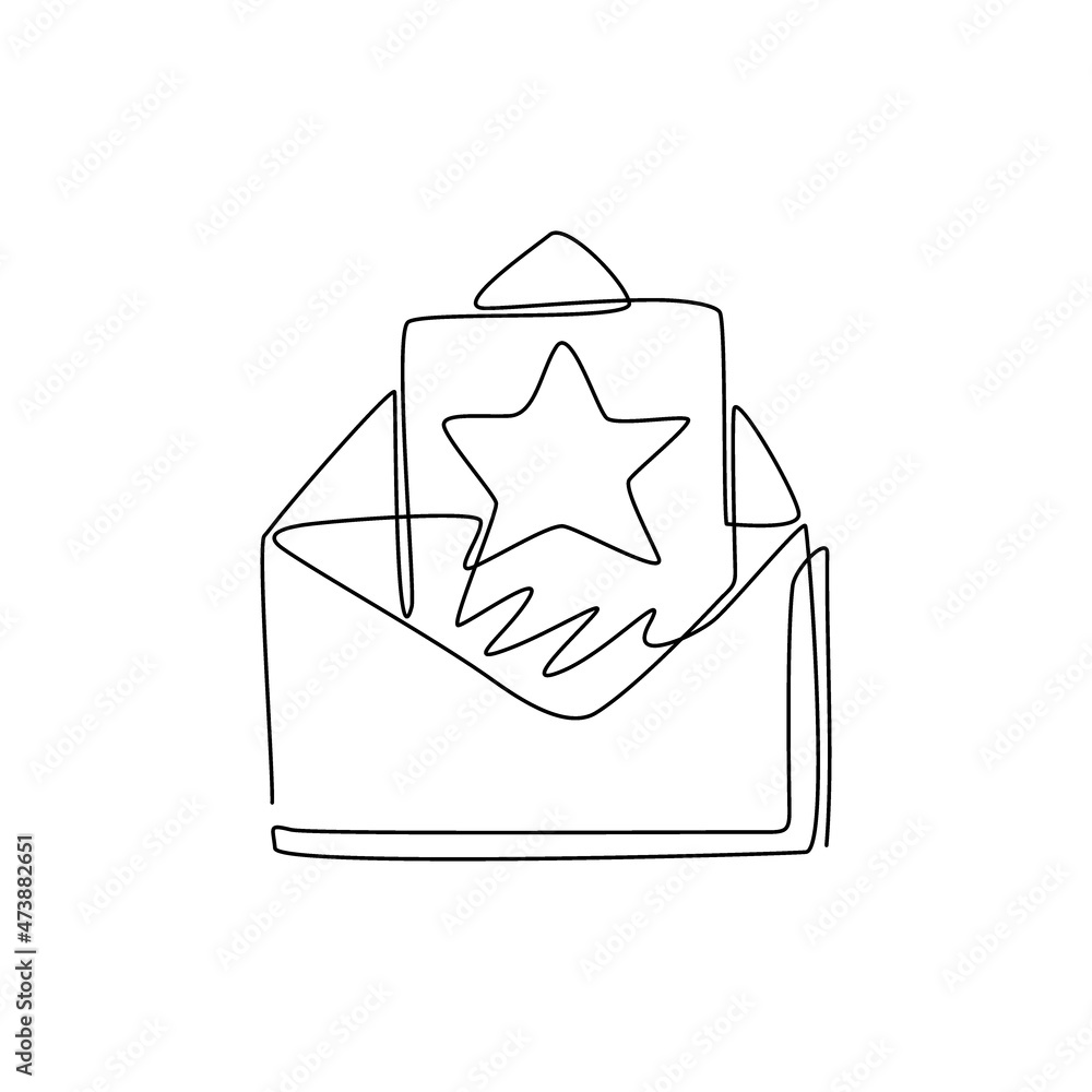 Single one line drawing opened mail envelope with star image. Read ...