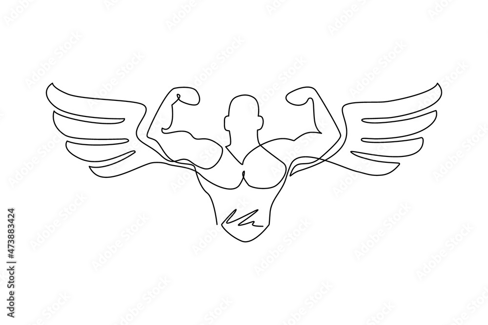 Single one line drawing bodybuilder with wings, fitness and ...