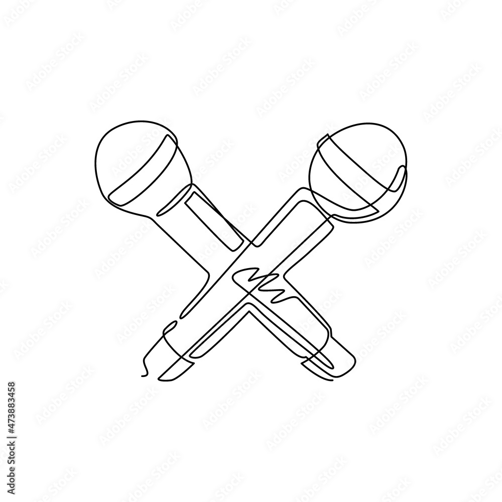 Single continuous line drawing two microphones crossed logo. Social ...