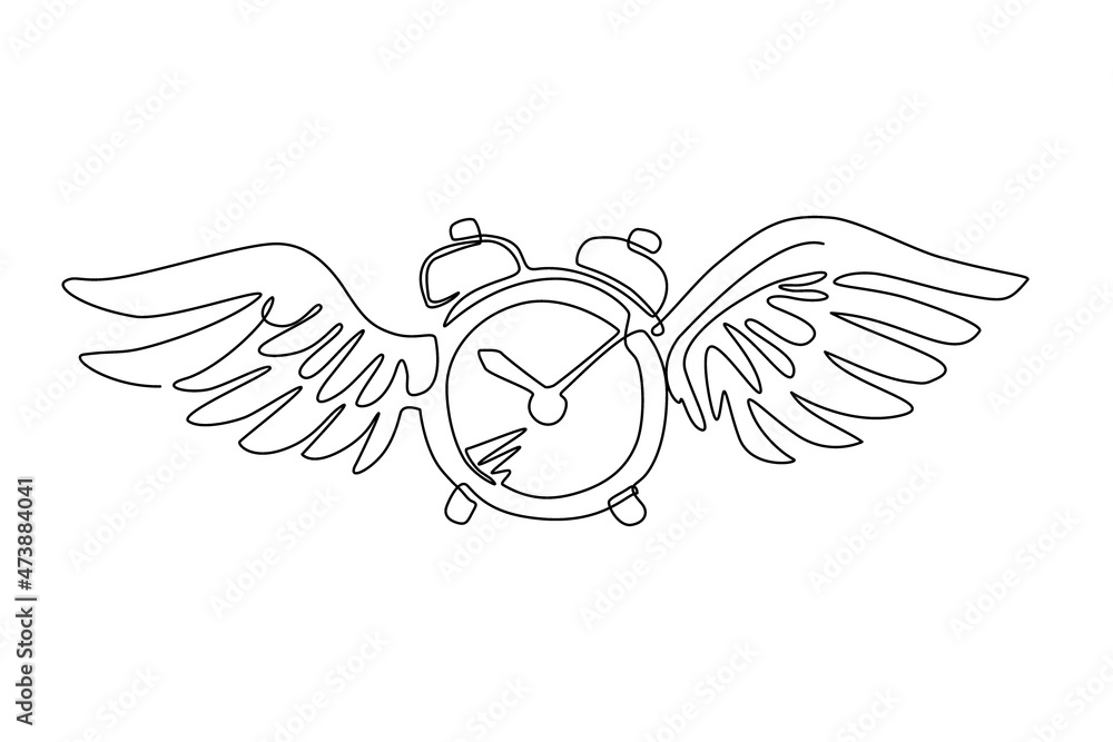 Single continuous line drawing time flies concept. Table alarm clock ...