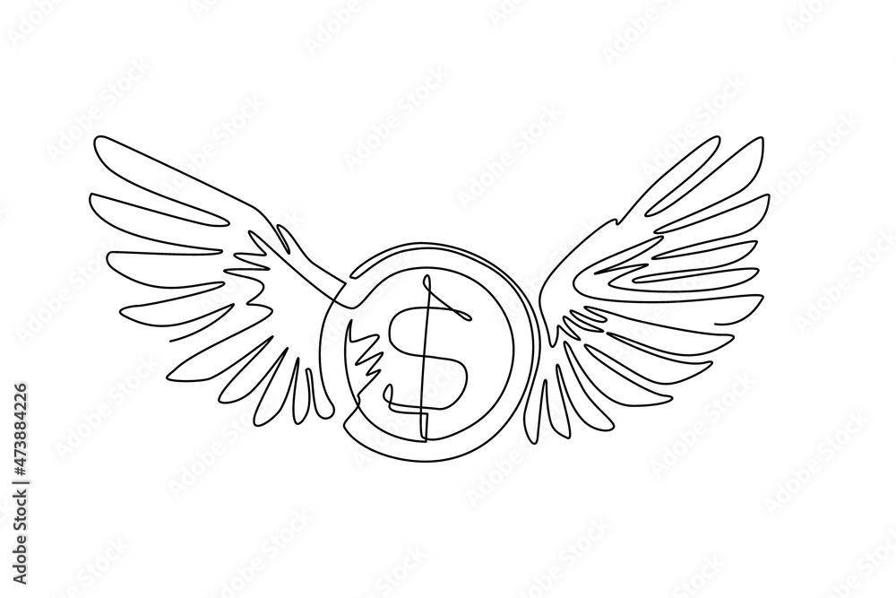Single one line drawing coins dollar with wings flying in the sky. Lost ...
