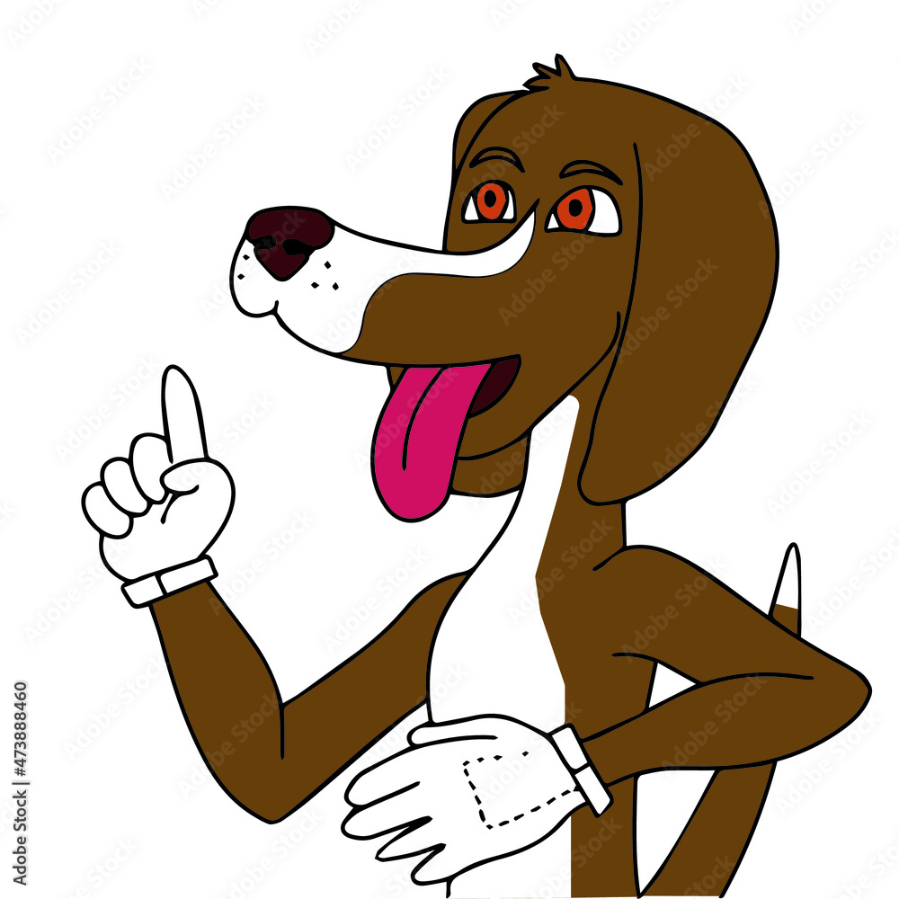 Foxhound dog character with white gloves, one hand points a finger up ...