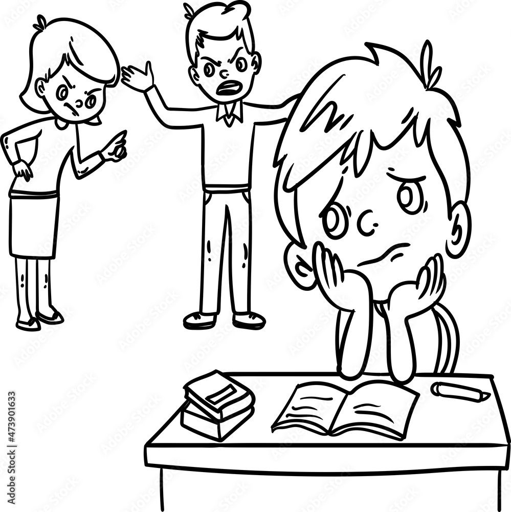 Coloring book for kids. Domestic violence. Angry parents, sad boy ...