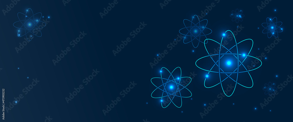 Artful atom symbol with small lights on blue background. Galaxy stars ...
