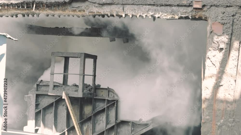 Cooling of coke oven coal after the coking process close up. Coke oven ...