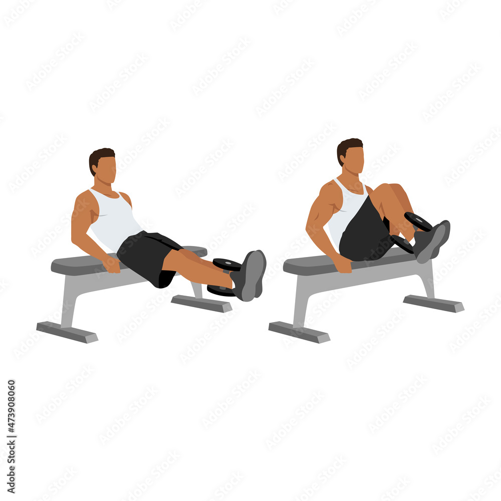 Man doing dumbbell weighted leg pull-ins. Abdominals exercise. Flat ...