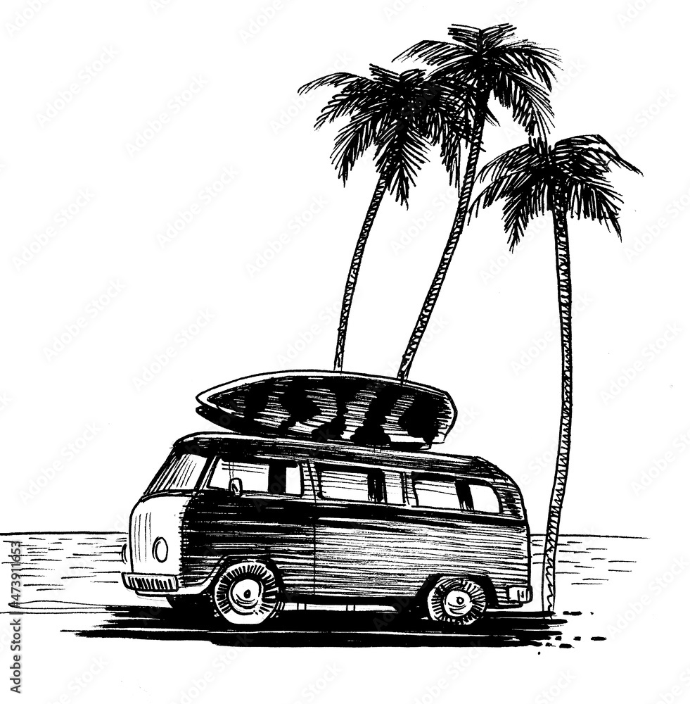 Vintage van with surfing boards on a beach with palm trees. Ink black ...