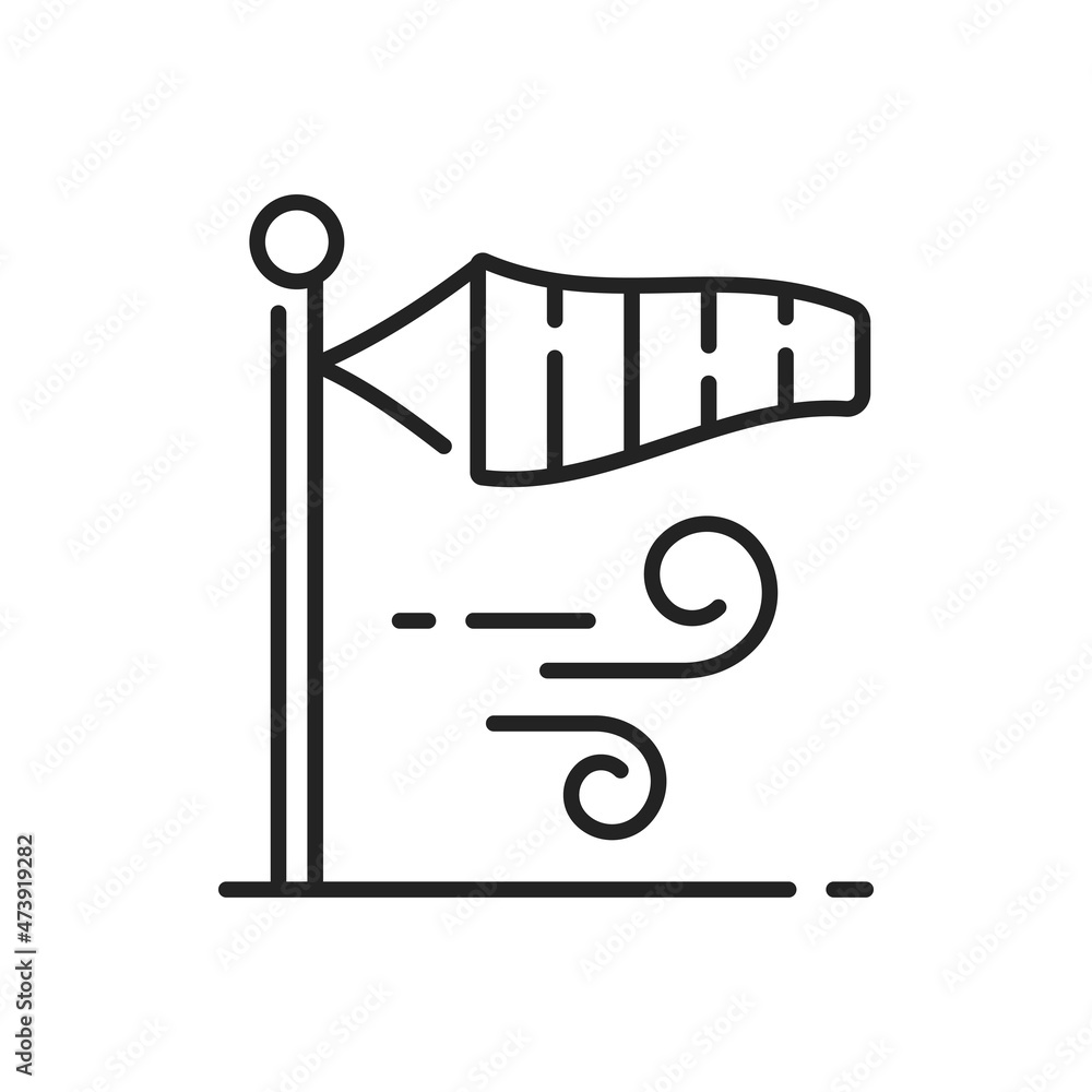 Strong breeze flag up isolated outline icon. Vector windsock, wind ...