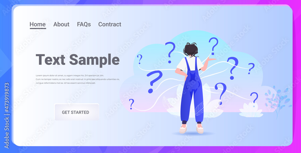 frustrated woman looking at question marks horizontal full length rear ...