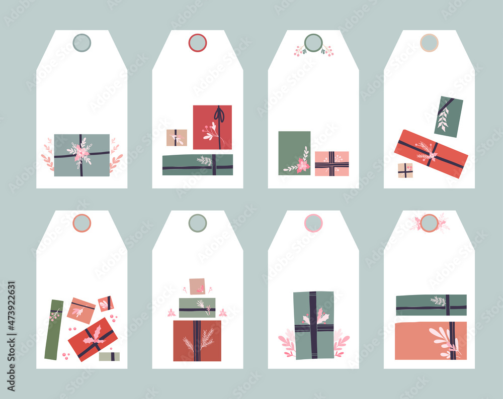 Vector set of holiday tags with hygge gift boxes with ribbons, branches ...