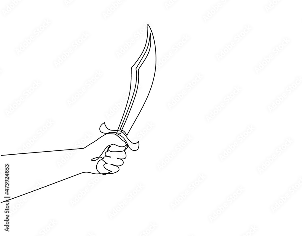 Single continuous line drawing man hand hold machete. Hatchet knife ...