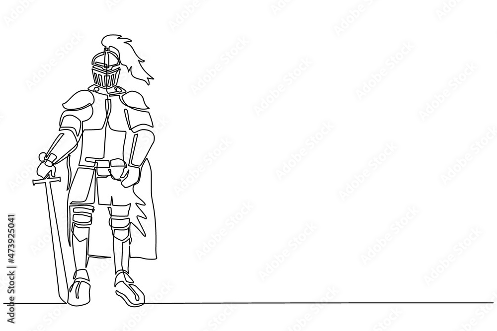 Continuous one line drawing medieval knight in armor, cape and helmet ...