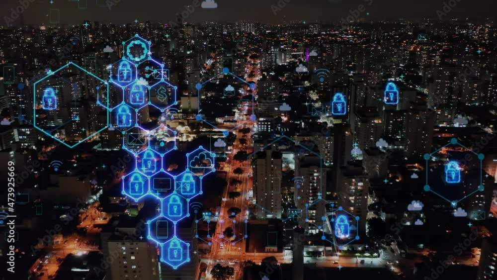 Aerial cityscape of smart city with futuristic cyber security effect ...