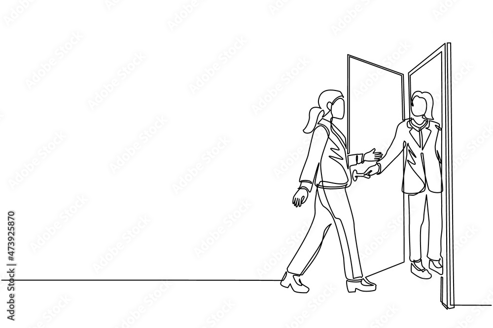 Single continuous line drawing businesswoman at door welcomes her ...