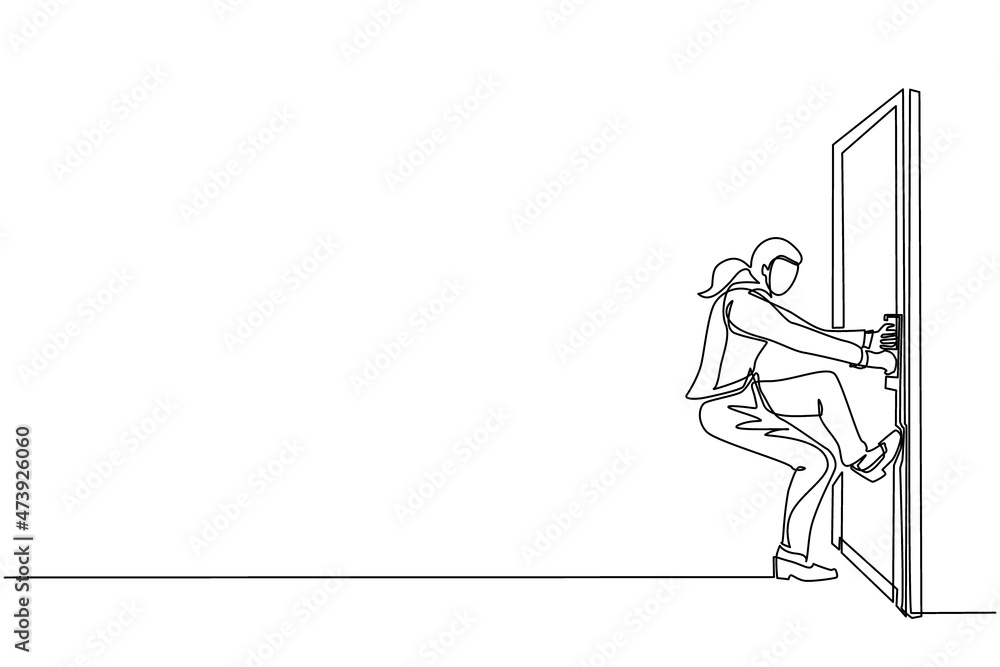 Single continuous line drawing businesswoman pulling closed door knob ...