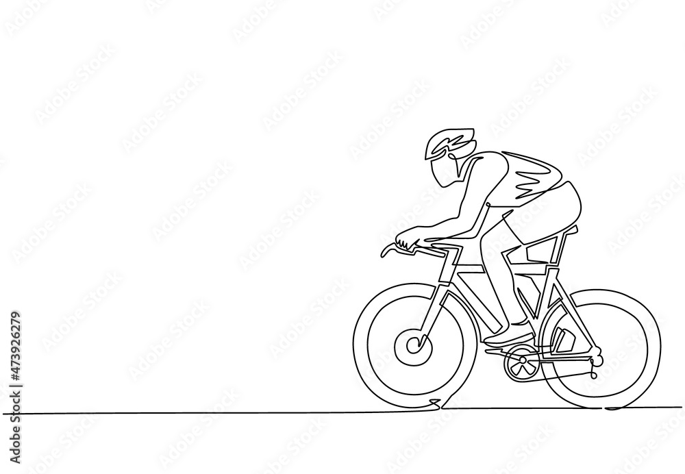 Single continuous line drawing young energetic man bicycle racer ...