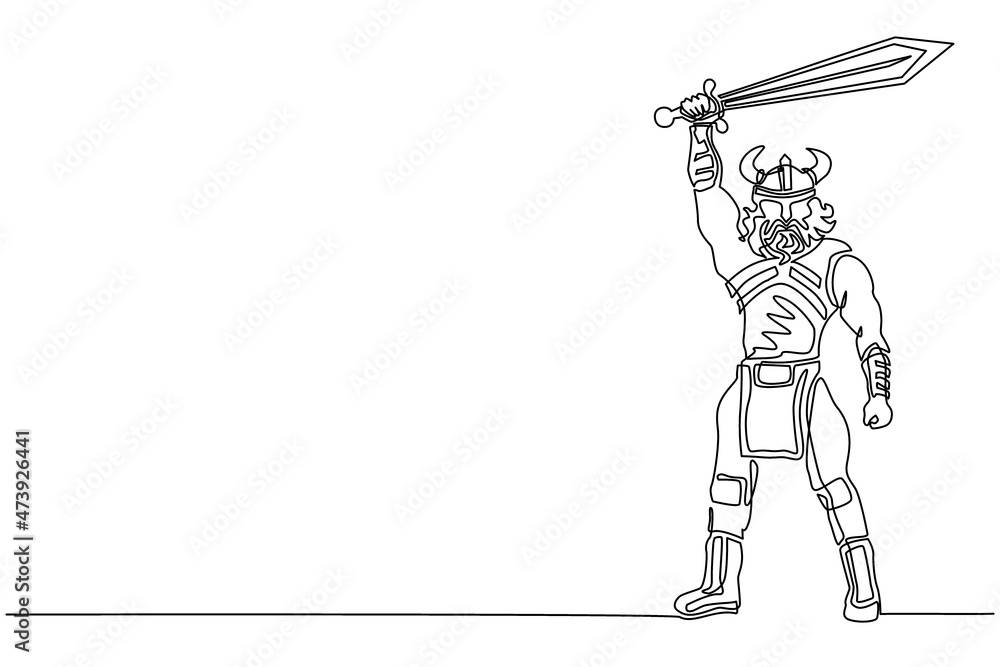 Single continuous line drawing nordic man holding sword up in the air ...