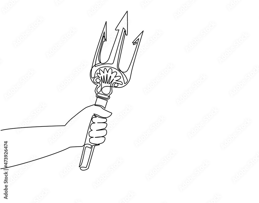 Single one line drawing hand holding trident. Three-pronged spear ...