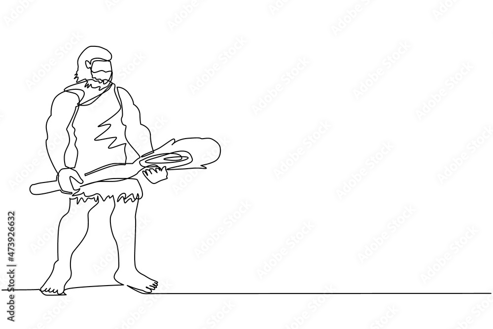 Single one line drawing caveman holding big wooden club or cudgel ...