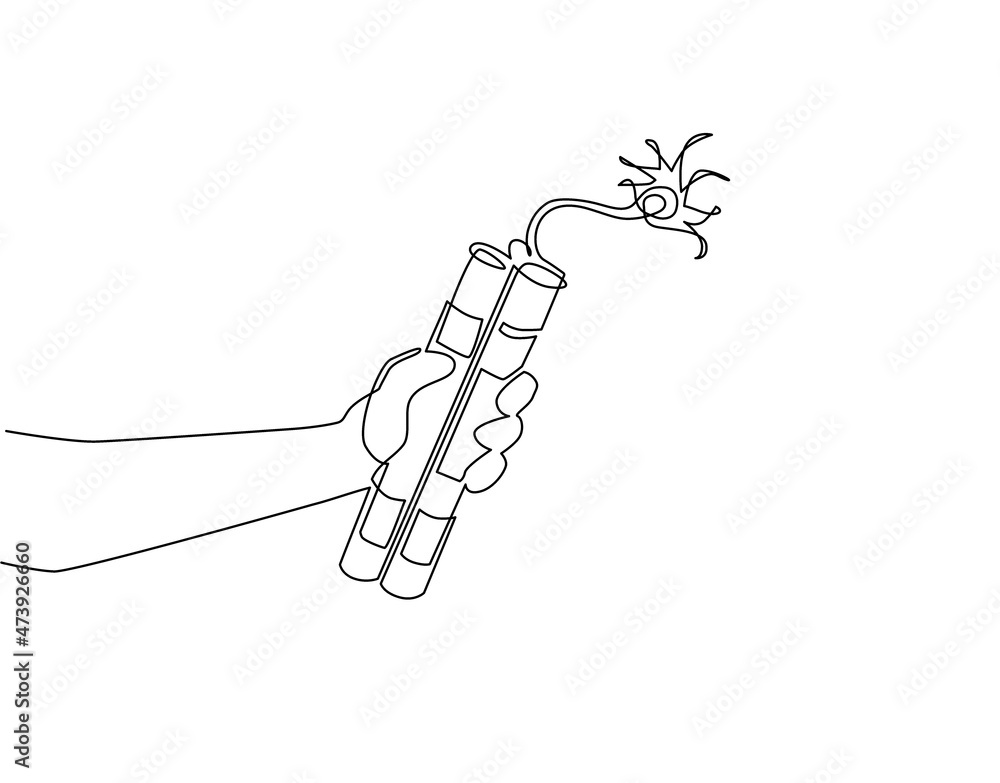 Continuous one line drawing hand holding dynamite. Dynamite bomb with ...