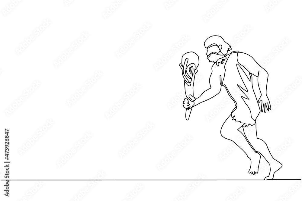 Single continuous line drawing young caveman and cudgel flat isolated ...