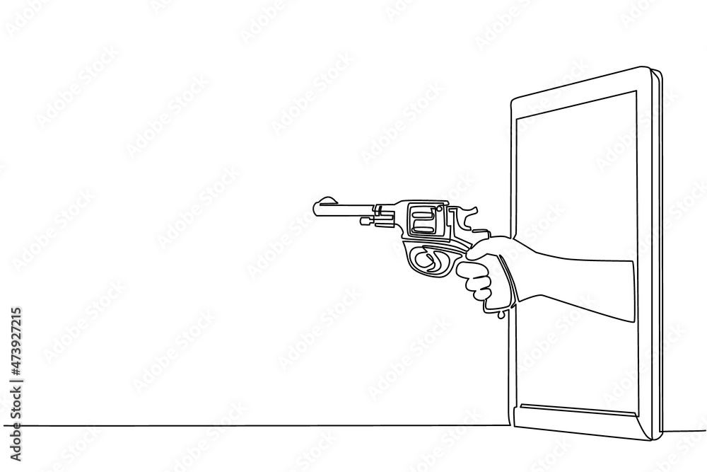 Single continuous line drawing hand holding revolver gun through mobile ...