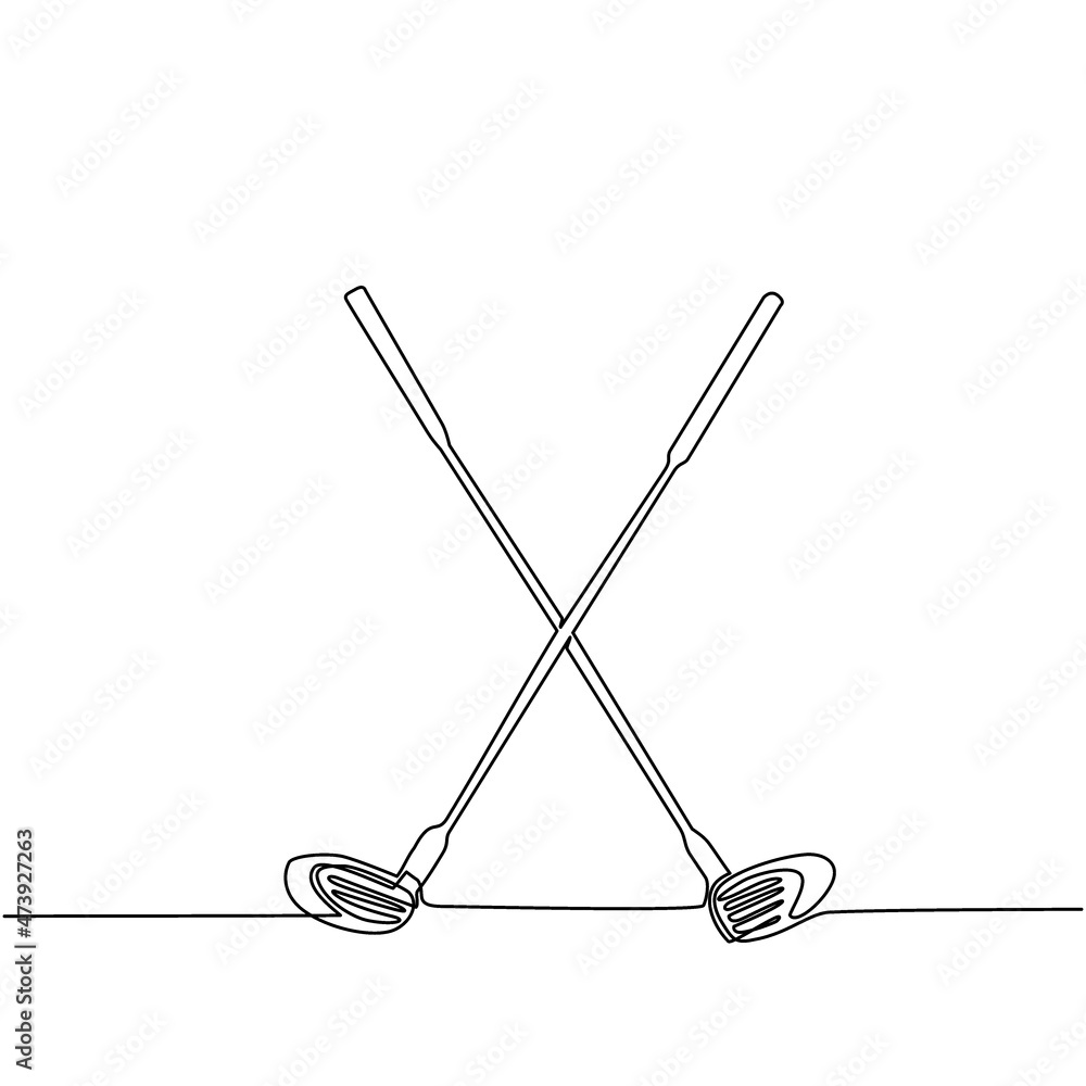 Single one line drawing two crossed golf clubs and ball. Golf equipment ...