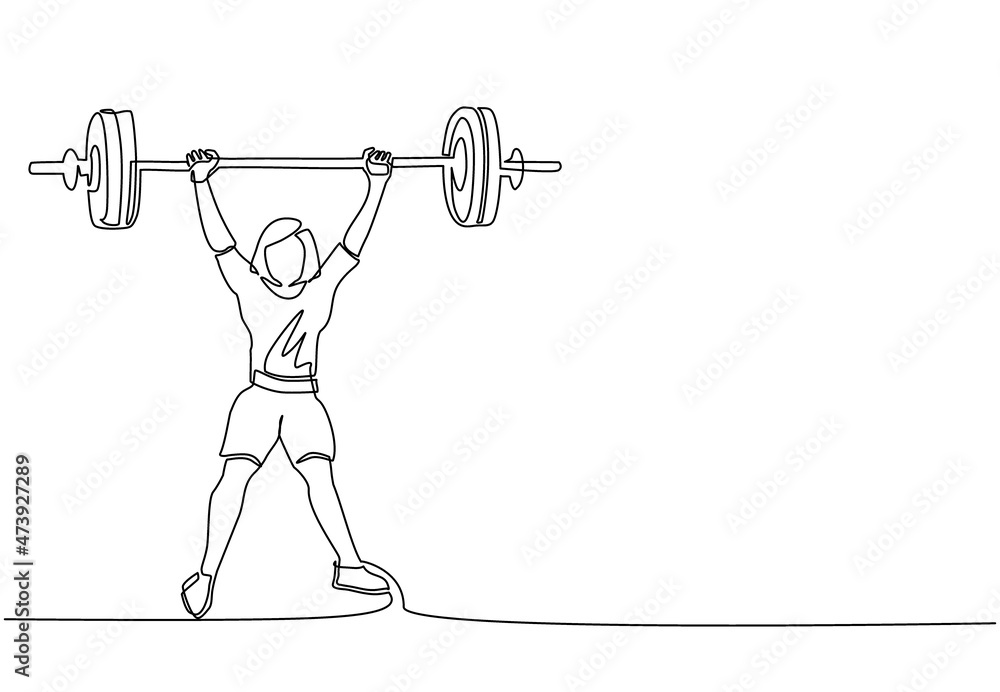 Single one line drawing young bodybuilder woman doing exercise with a ...