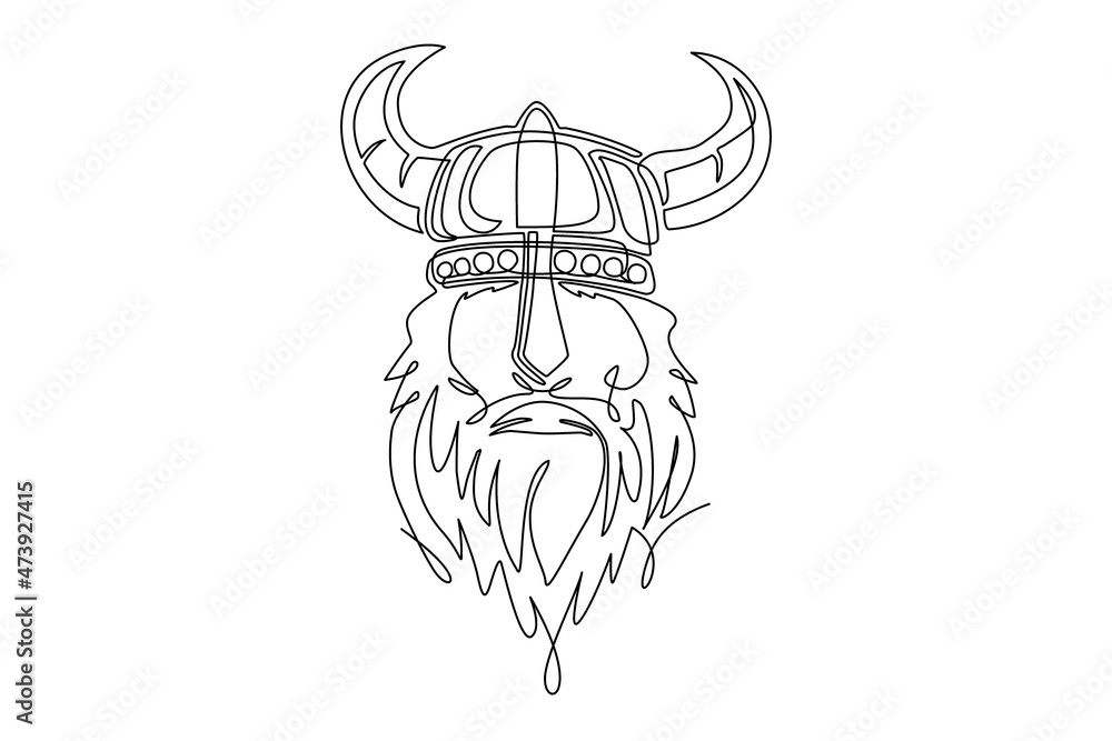 Vetor de Single continuous line drawing head of bearded viking warrior ...