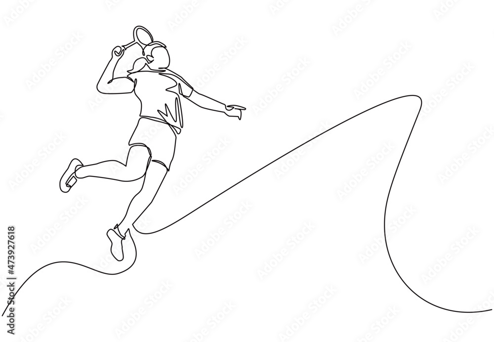 Single continuous line drawing young agile woman badminton player jump ...
