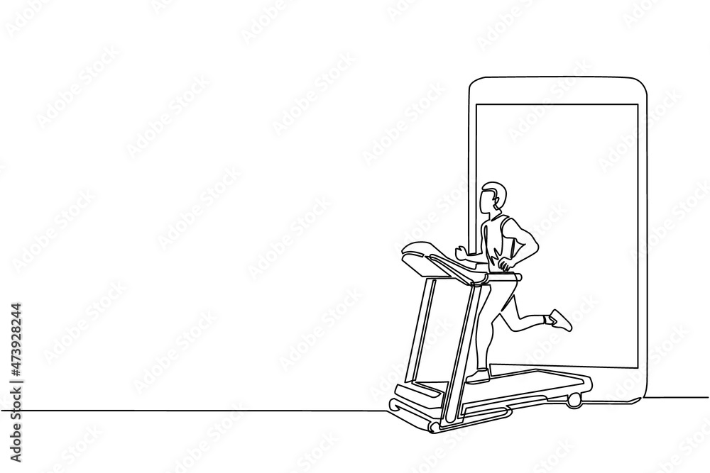 Single one line drawing smartphone and man running on motorized ...