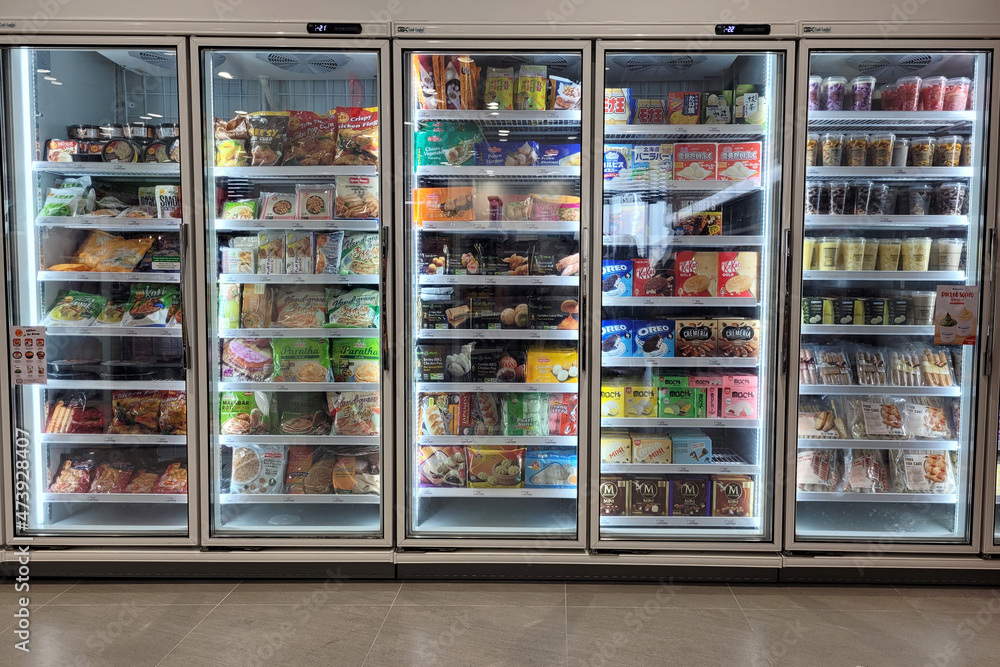 Huge fridge with various foods and beverages in FamilyMart store in ...
