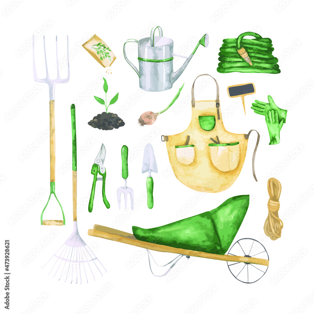 Garden tools. Set of watercolor gardening tools isolated. Hand-drawn ...