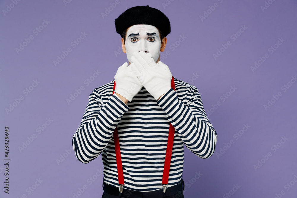 Secret embarrassed bewildered puzzled bemused sad young mime man with ...