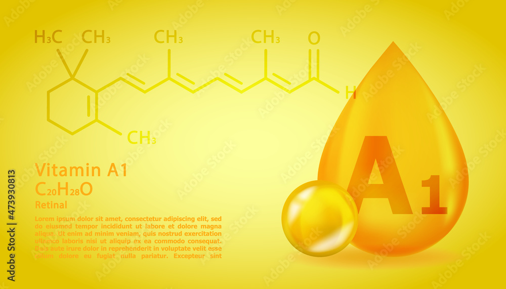 Realistic A1 Retinal Vitamin drop with structural chemical formula. 3D ...