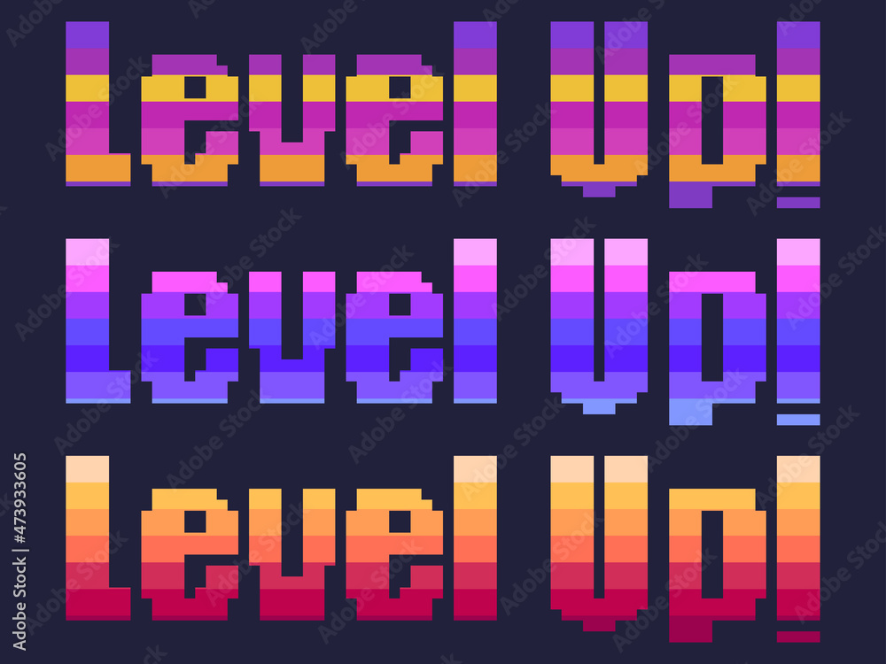 Level up! pixel art. Achievement in the game, leveling up. Text in 8 ...