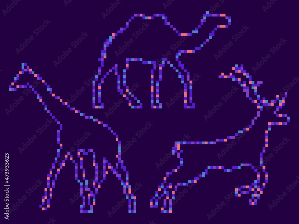 Pixel animals deer, camel and giraffe. Animal icons in 8 bit retro ...