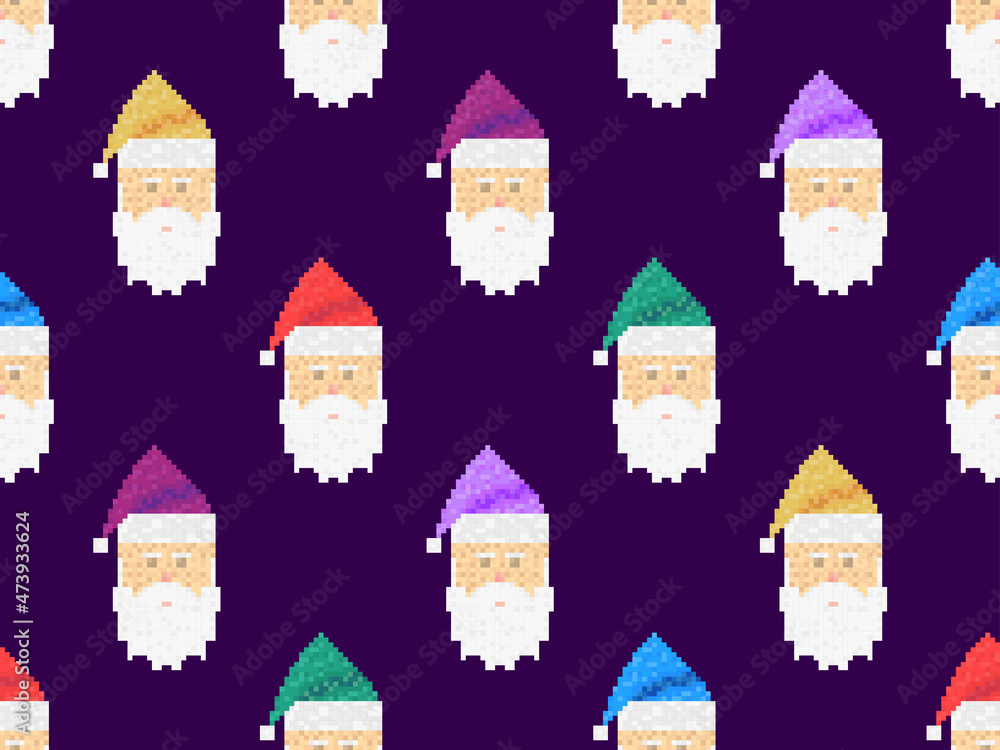 Pixel art Santa Claus seamless pattern. Pixel Santa Claus icon set in ...