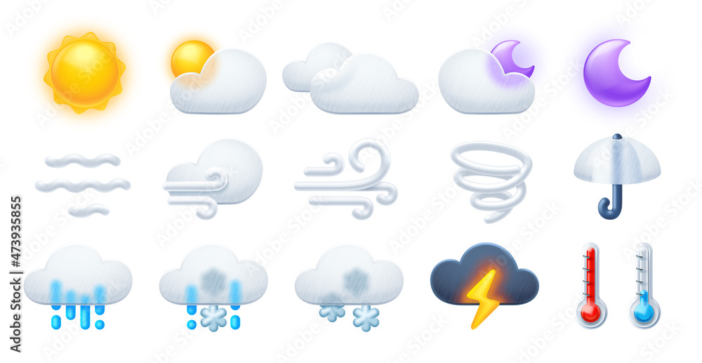 Weather icons. Thunderstorm lightning, rain and snow clouds. Hot and ...