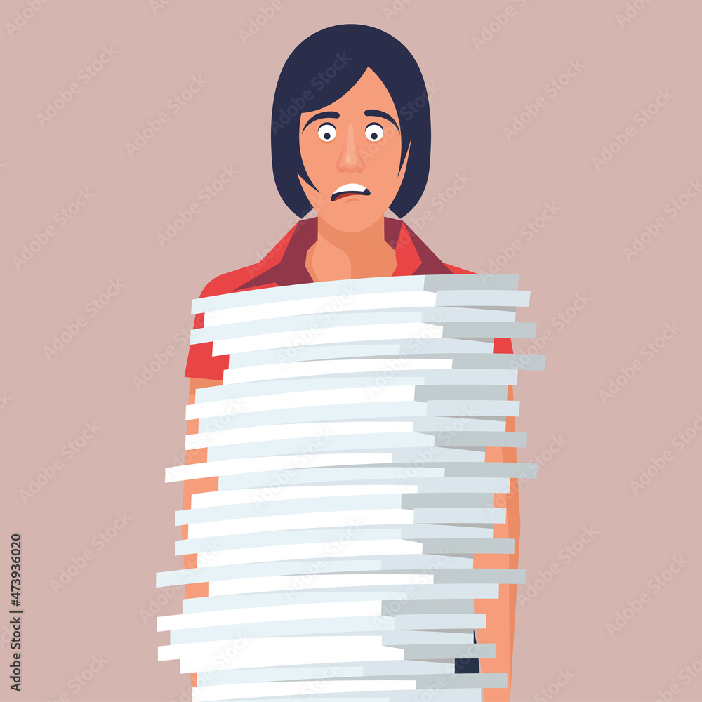 A lot of work. Woman with a funny emotion on the face stands in front ...