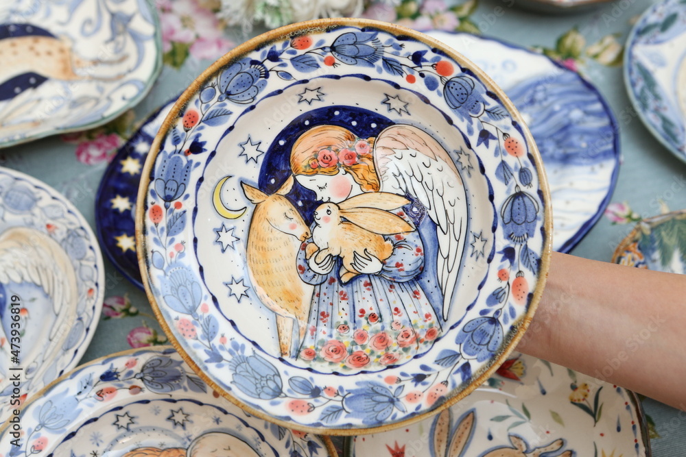 Gzhel, russian ware. Table setting, traditonal national russian folk ...