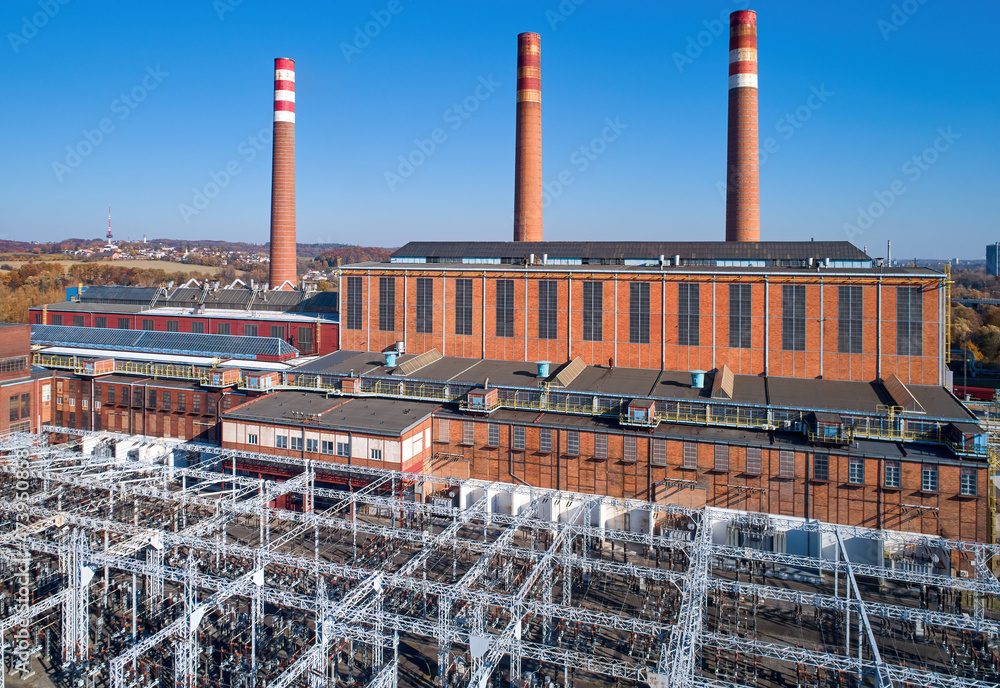 Aerial view of a typical coal-fired thermal power plant complex. Three ...
