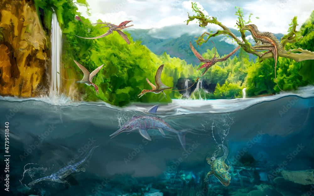 Scene with dinosaurs Asteroid explosion at the end of the prehistoric ...