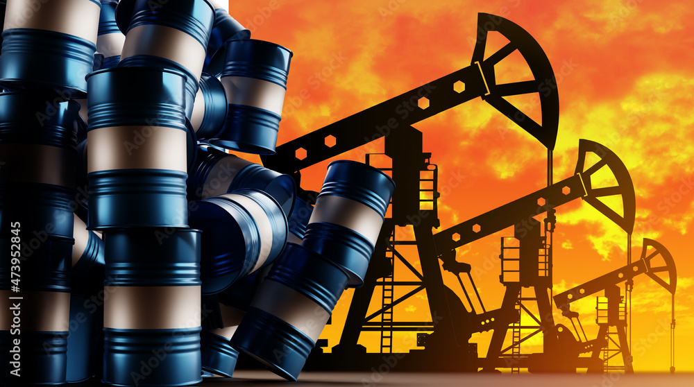The fuel market. Barrels on the background of oil rigs. Fuel production ...