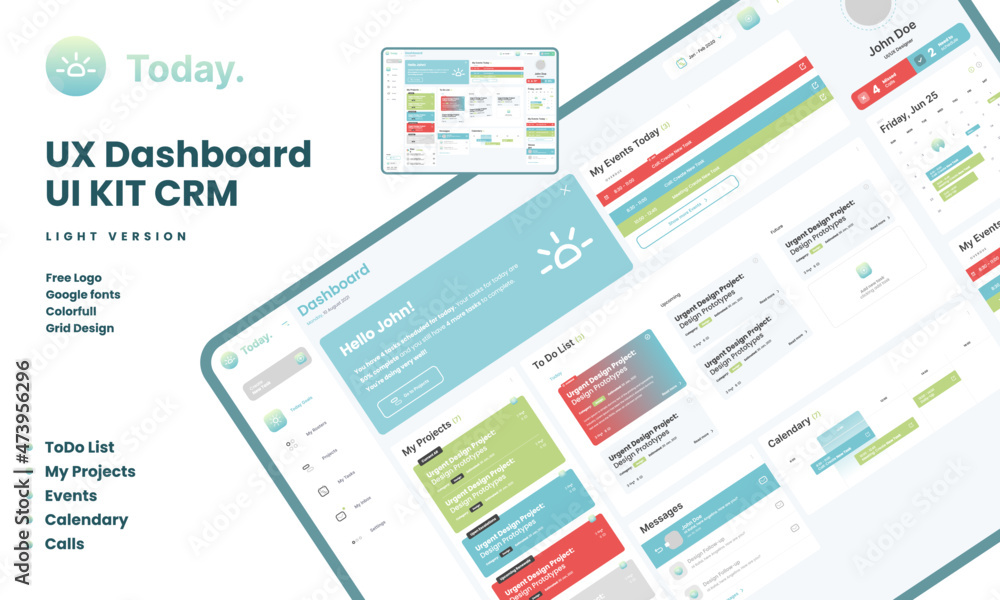 UI KIT Dashboard, UX Design, Light Colors, CRM, Events, Calendar ...