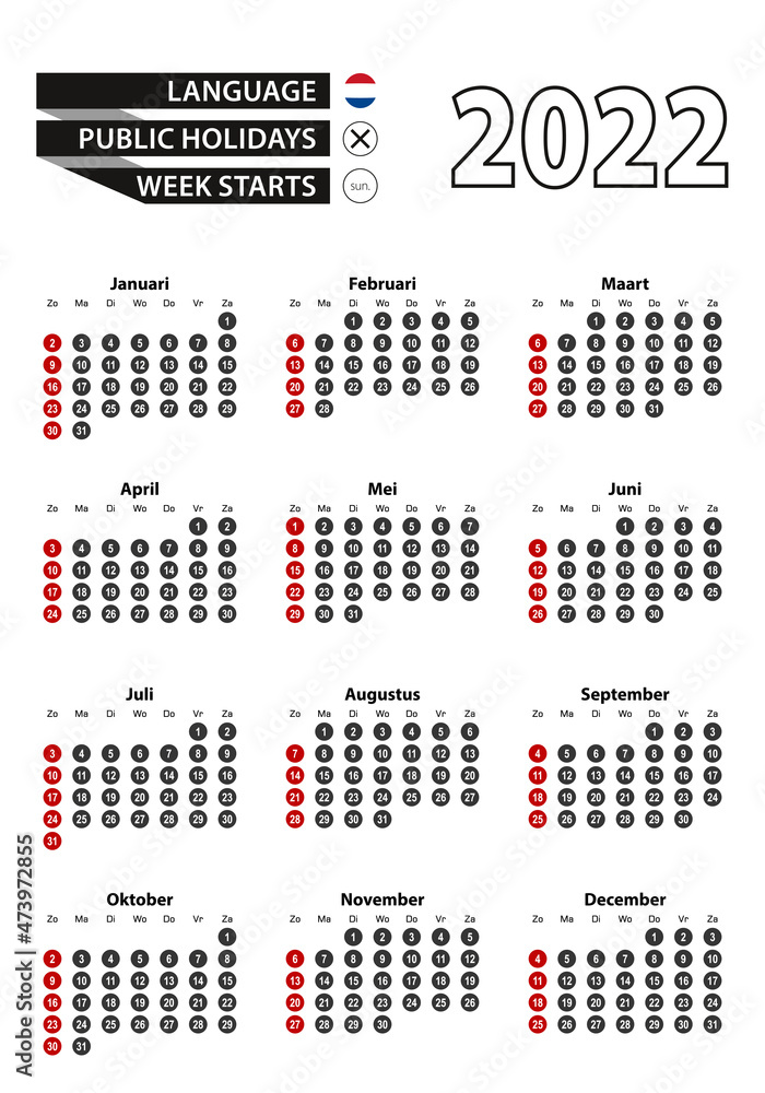 Dutch calendar 2022 with numbers in circles, week starts on Sunday ...