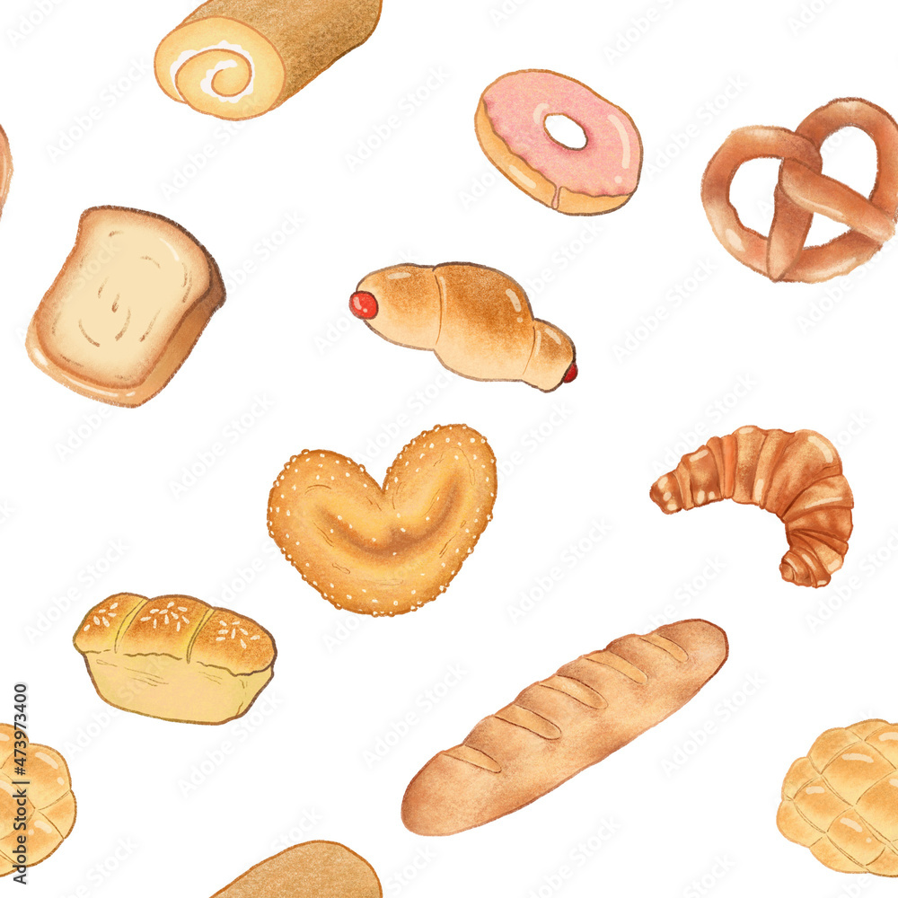 Seamless Set of Traditional Bakery Background Hand Drawing by Color ...