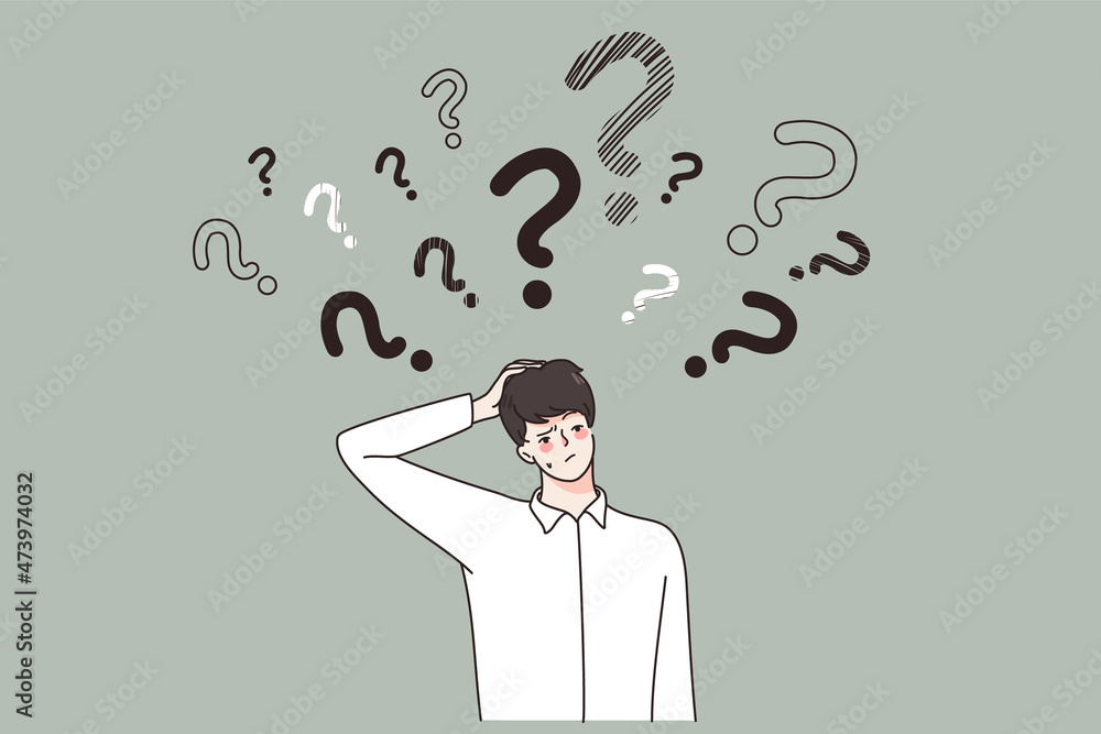 Pensive young businessman feel frustrated confused make decision or ...