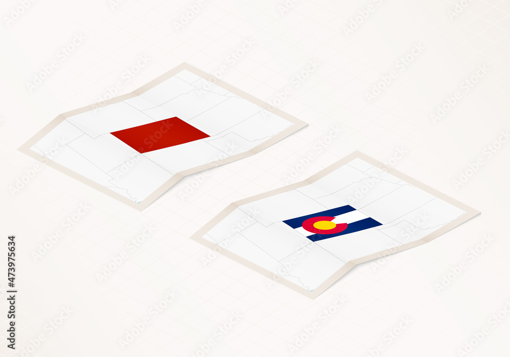 Vetor de Two versions of a folded map of Colorado with the flag of the ...